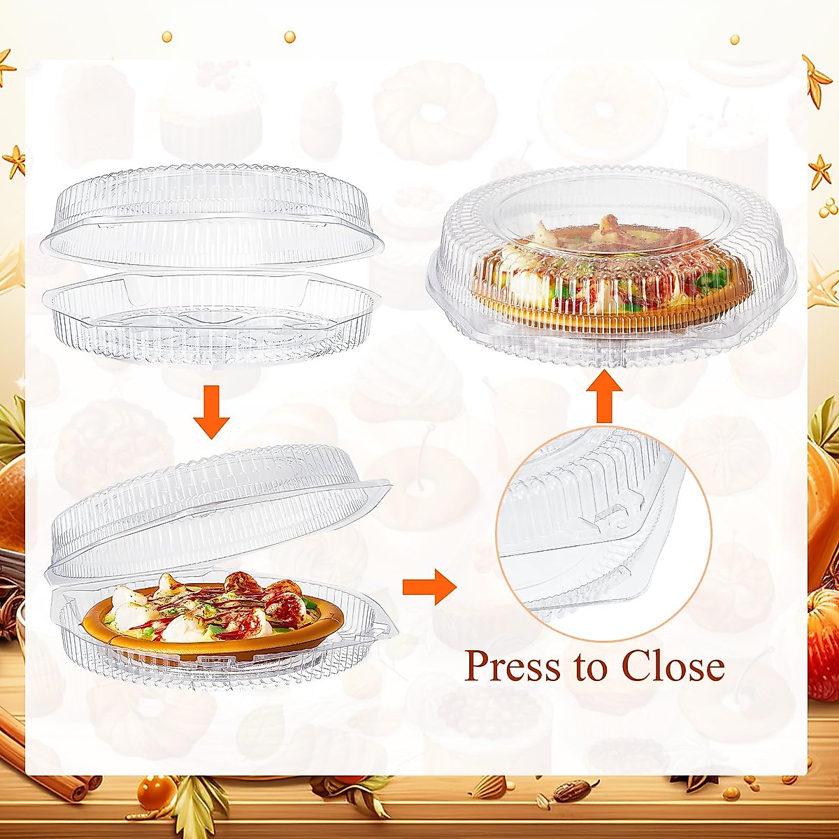 Soaoo 100 Pcs 9'' Plastic Disposable Pie Containers with Hinged Locking Lids Clear Flan Containers with Lids Round Pie Keeper Dessert Containers for Takeout Boxes Food Cake Doughnut Flan Storage