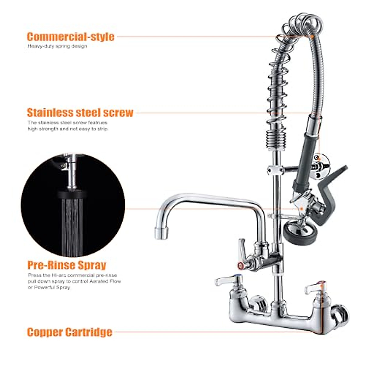 MSTJRY Commercial Faucet with Sprayer Commercial Wall Mount Faucet Commercial Sink Faucet Restaurant Faucet Pre Rinse Faucet with 25 Inch Height, 12 Inch Spout, US Standard