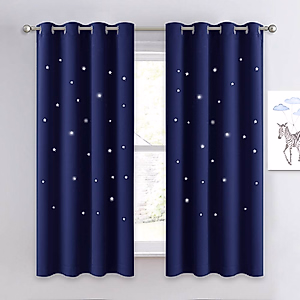 NICETOWN Children Blue Blackout Curtain - Hollow Star Space Inspired Night Sky Twinkle Christmas Star Curtain, Window Drape for Bedroom (1 Panel, 52 x 63 inches Panel, Navy Blue)
