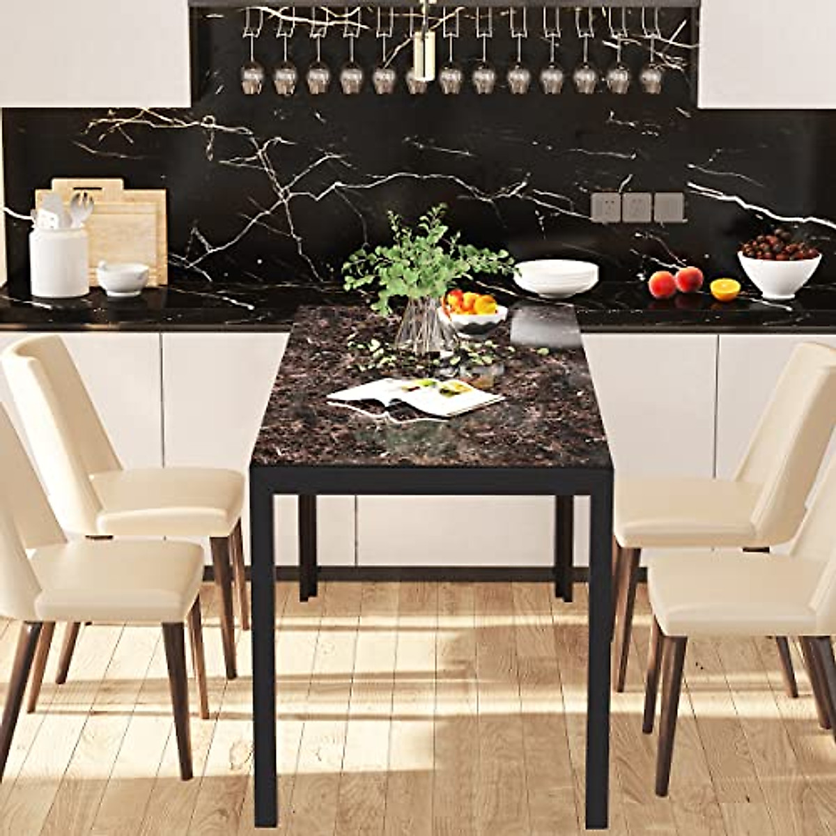 Recaceik Modern Dining Table for Kitchen, Faux Marble Kitchen Tables with Metal Legs for 4 People, Industrial Dining Room Table for Living Room and Office, Easy Assembly, Brown