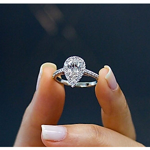 Koguxuix Fashion Jewelry 925 Sterling Silver Full Shiny Teardrop Cubic Zirconia Ring for Women Solitaire Halo Promise Wedding Engagement Ring Mothers Day Christmas Jewelry Gift for Her (Size 9)