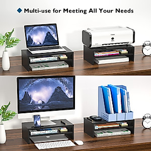 Monitor Stand Riser, 2 Tiers Wood Monitor Riser Stand with Storage Organizer, Desktop Ergonomic Monitor Stand Riser with Cellphone Holder and Cable Management, 16.5 Inch Shelf Black