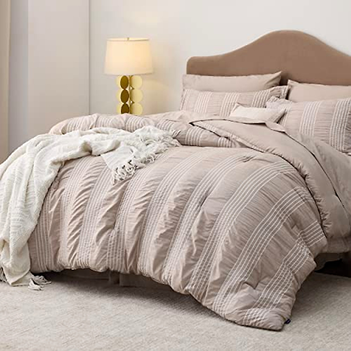 Bedsure Twin Bed in A Bag - Twin Comforter Sets 6 Piece Stripes Seersucker Bedding Set, Soft Lightweight Down Alternative Comforter Twin Bed Set(Khaki 68x88 inch)