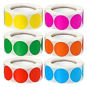 3000 Pcs 1" Round Color Coding Circle Dot Labels on 6 Rolls, 500 Count Each, Includes Bright Yellow Green Red Pink Orange Blue