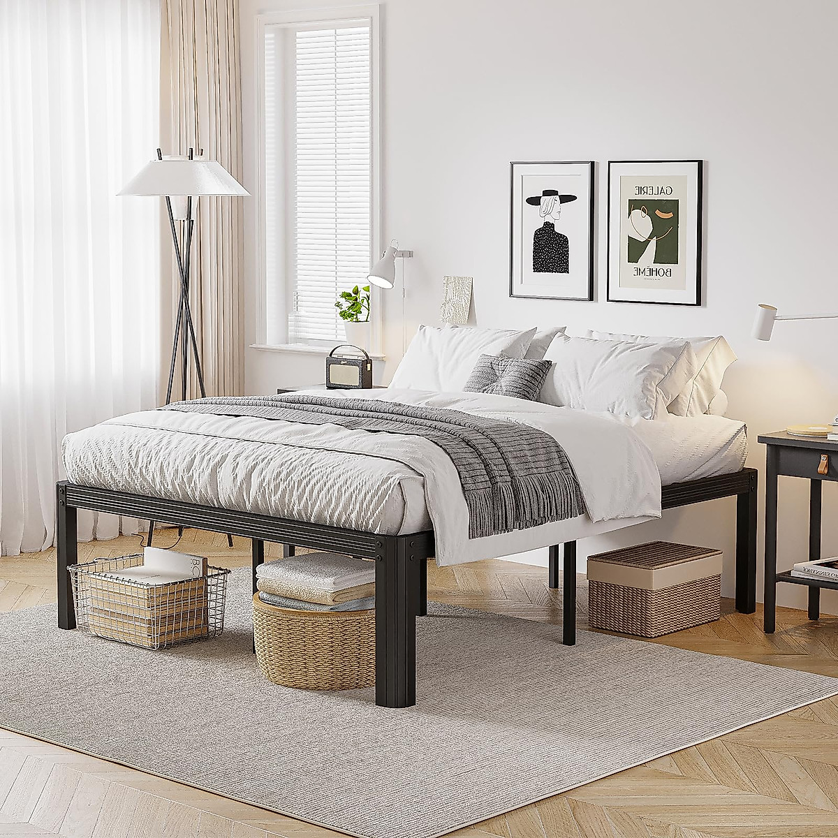 Askeld Queen Bed Frames, 18 Inch High Bedframe No Box Spring Needed, Heavy Duty Steel Slats Platform Mattress Base, 4500lbs Weight Capacity Reinforced Metal Frame, Noise-Free, Easy Assembly, Black