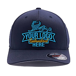 Custom Embroidered Flex Baseball hat. Flex Baseball 6277/6477 Baseball Cap. Place Your Own Logo or Design (S/M, Deep Navy)