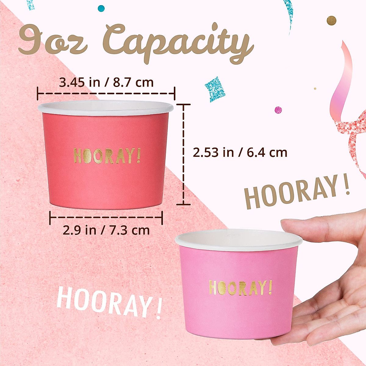 MATICAN Paper Ice Cream Cups, 50-Pack 9-oz Disposable Dessert Bowls for Hot and Cold, 9-ounce, Gold Foil Hooray, Hot Pink, Baby Pink, Mint, Yellow, Blue