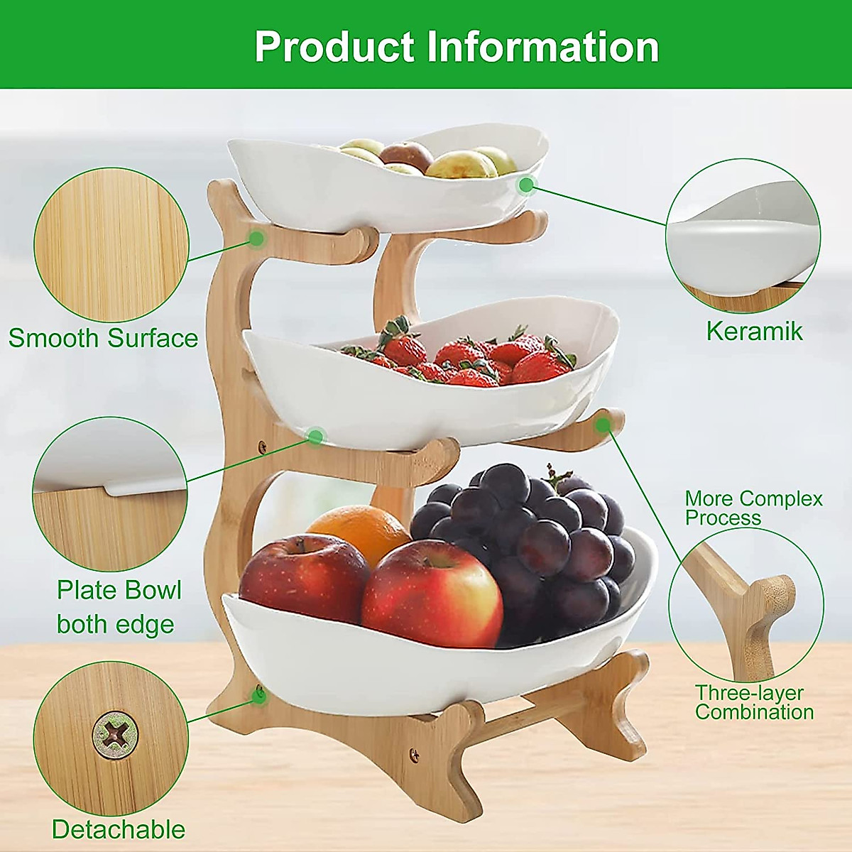 Hfpengzan 3 Tier Ceramic Fruit Bowl, White Oval Serving Bowls Set with Natural Bamboo Rack, Porcelain Fruit Basket Countertop for Kitchen Vegetable Storage, Snack Dessert Cake Candy Tray Plate Holder