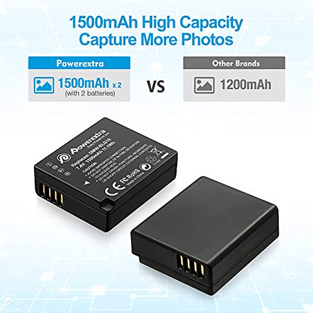 Powerextra 2 Pack DMW-BLG10 Battery and Dual USB Charger for Panasonic DC-G100, DC-ZS80, DC-GX9, DC-LX100 II, DC-ZS200, DC-ZS70, DMC-GX80, DMC-GX85, DMC-ZS60, DMC-ZS100, DMC-GF6, DMC-GX7K, DMC-LX100K