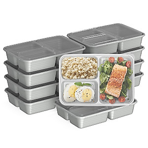Bentgo® Prep 3-Compartment Containers - 20-Piece Meal Prep Kit with 10 Trays & 10 Custom-Fit Lids - Durable Microwave, Freezer, Dishwasher Safe Reusable BPA-Free Food Storage Containers (Silver)