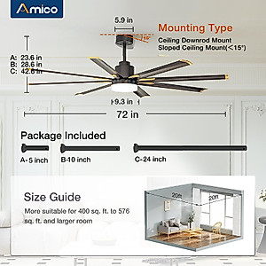 Amico Ceiling Fans with Lights, 72 Inch Indoor/Outdoor Large Industrial Ceiling Fan with Remote Control, Reversible, 8 Aluminum Blades, 3CCT, Dimmable, Damp Rated Black Ceiling Fan for Bedroom Patio