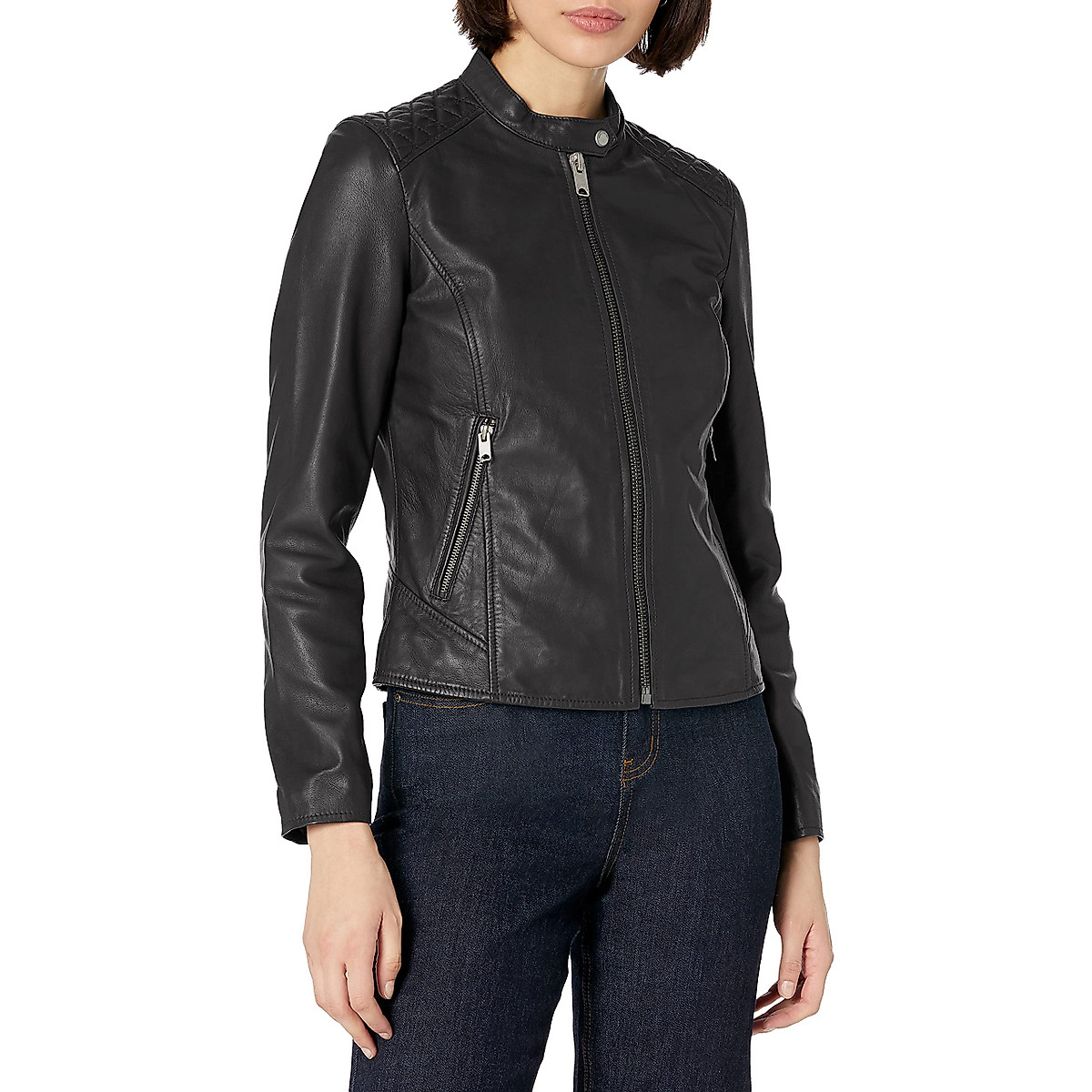 Andrew Marc Women's Goldie Racer Leather Moto Jacket, Black, X-Large