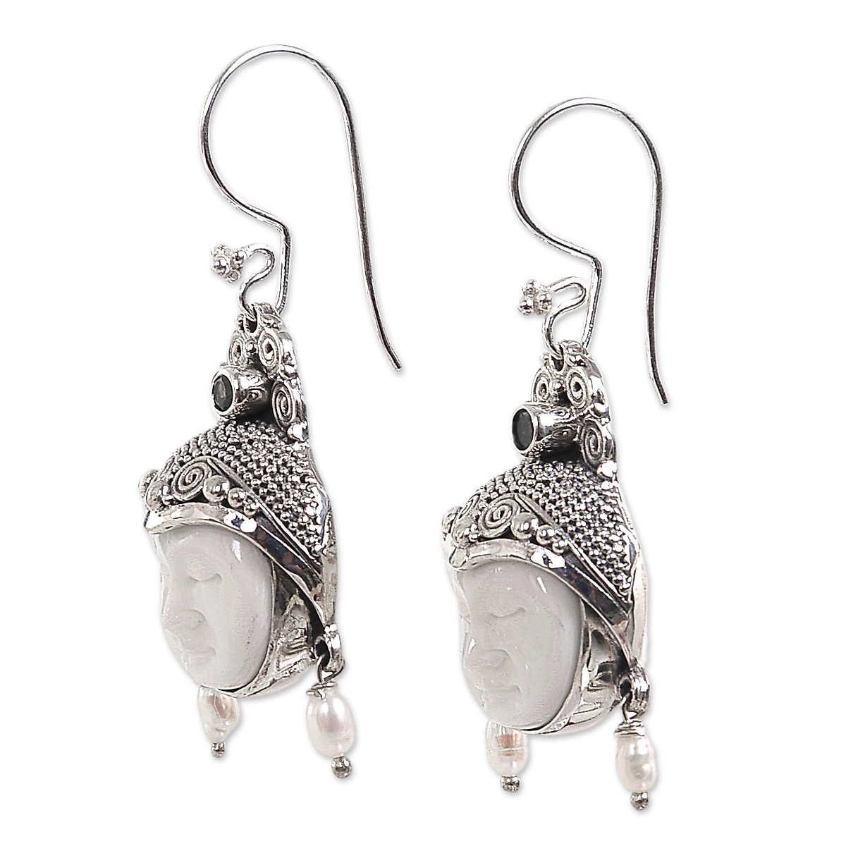 NOVICA Artisan Handcrafted .925 Sterling Silver Bone Dangle Earrings | Handmade Dangle Earring | Freshwater Pearl Earrings Dangle | Artisan Earrings | Jewelry Dangle Earring | Earrings Carved Bone
