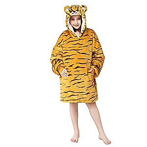RONGTAI Oversized Wearable Blanket with Giant Pockets, Popular Wearable Blanket,Soft Plush Sweatshirt Hooded,One Size Fits All(Tigger,Kid Size)…