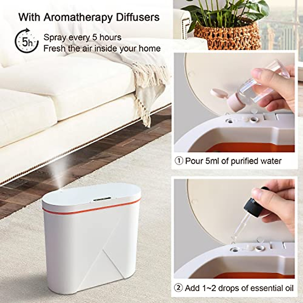 Automatic Trash Can with Essential Oil Diffuser,4 Gallon bathroom trash cans with lid,Touchless Trash Can Bedroom,Small Smart Trash Can Motion Sensor,Slim Garbage Can Bin White Waste Basket (USB)