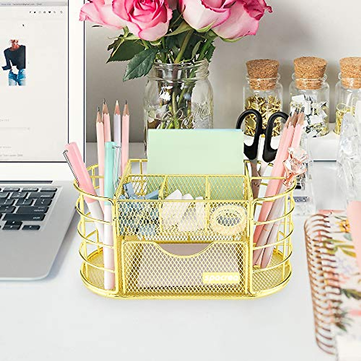 Spacrea Desk Organizers and Accessories, Office Organizer Pencil Holder for Desk, Desk Office Supplies Organizer (Gold)