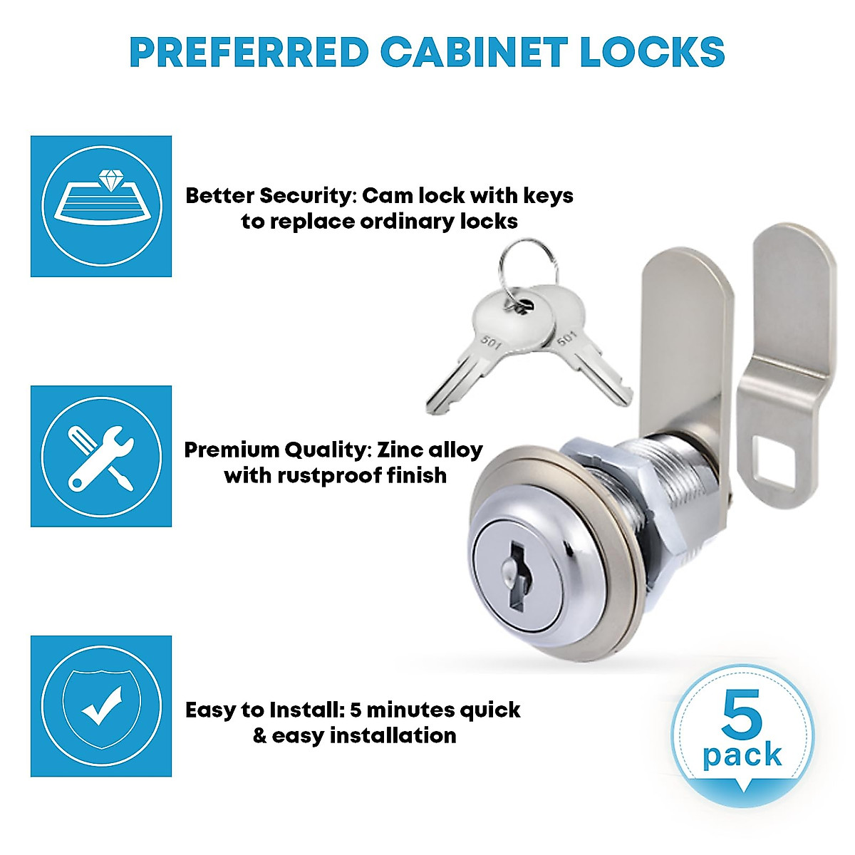 Kohree Cabinet Locks with Keys, 1-1/8 Inch (28mm) RV Locks Cam Locks for Tool Box, Mailbox Locks 5 Pack Keyed Alike, RV Storage Locks, RV Compartment Locks, Drawer Lock, Cylinder Lock, Zinc Alloy