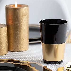 PLASTICPRO Disposable 12 oz Black Plastic Tumblers With Gold Band for Party's & Weddings pack of 40