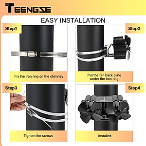 TEENGSE Heat Powered 8 Blade Wood Stove Fan, Flue Pipe Hanging Fireplace Fan for Home Wood Burning Stove Silent Indoor Stove Accessory Heat Distribution-Black with Magnetic Thermometer