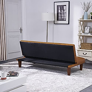 Audrey Living Futon Sofa Bed, Upholstered Modern Convertible Sleeper Sofa Couch Faux Leather for Small Living Room, Apartment, Dorm, Square Legs, 69”W (Tan)