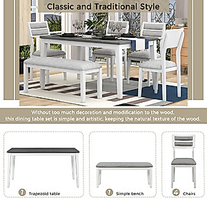 Harper & Bright Designs 6 Piece Dining Table Set with Bench, Rectangle Dining Table with 4 Upholstered Chairs & a Bench, Wood Kitchen Dining Room Furniture (White+Gray)
