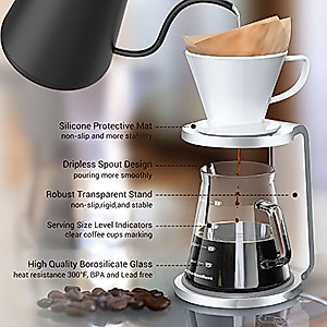 KitchenBoss Pour Over Coffee Maker Set Pour Over Stand Set | White Ceramic Dripper | 600ml/20oz Glass Server | Non-slip Stand | Home Office Coffee Maker Kit 5 Cup