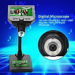 Digital Microscope kit, 100-240V Portable 4.3" G600 1-600X Magnifier 1080P LCD Digital Microscope Lithium Battery High Brightness 8 LEDs, Support Inserting Memory Card(US)
