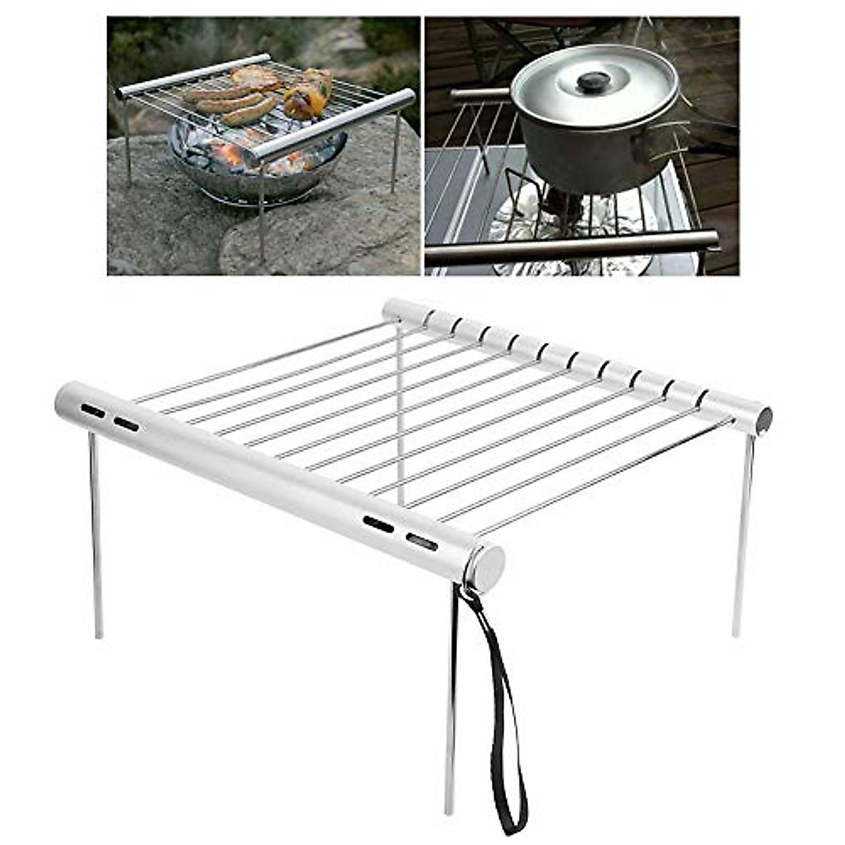 BBQ Grill Rack, Stainless Steel Folding Charcoal BBQ Rack Portable Simple Barbeque Grill Rack 12 inch for Outdoor Grill Camping Cooking Picnics