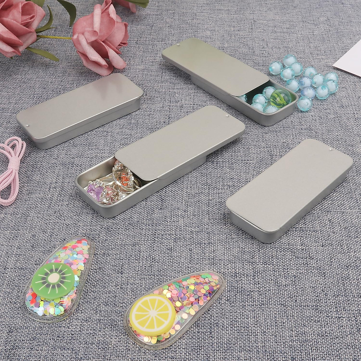 GENHAKON 50 PCS 3.15 x 1.34 x 0.4 inch, Slide Top Tin Containers, Slide Top Tin Box, Slide Top Matel Tin Boxes with Lid for Small Items, Such as Candy, USB Cable, Pills, Earring, Jewelry Craft, Etc