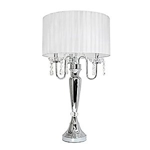 Elegant Designs LT1034-WHT Trendy Sheer Table Lamp with Hanging Crystals and Sheer Shade, White