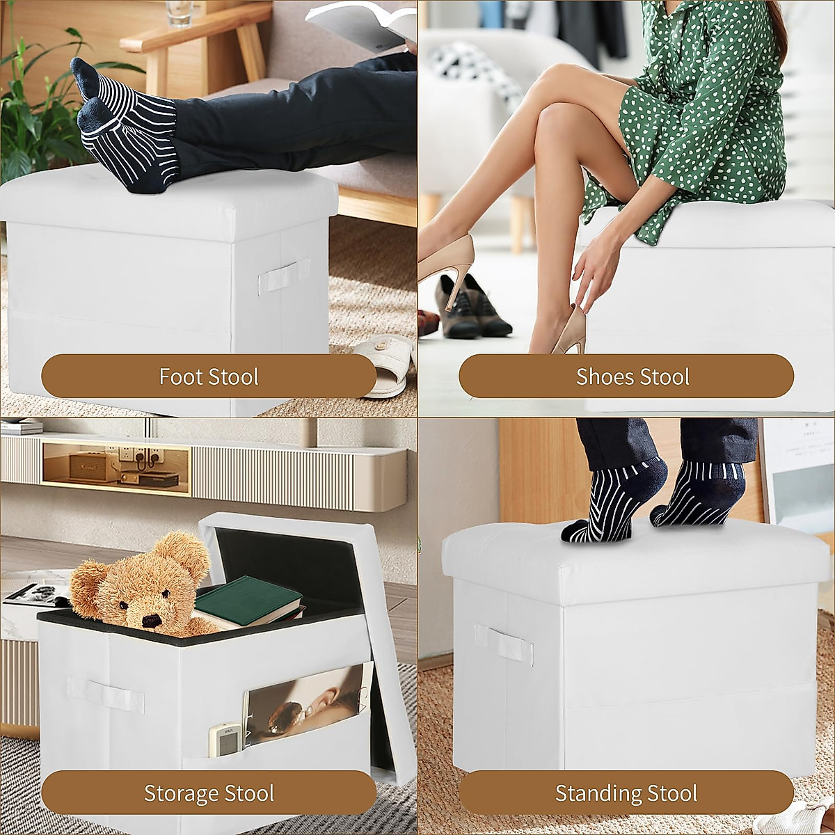 BelugaHelper Ottoman with Storage. Leather Foldable Ottomans with Thick Foam Padded Seat. Foot Rest Stool Storage for Living Room and Bedroom. Side Pockets and Handles Designed. 17x13x13in, White