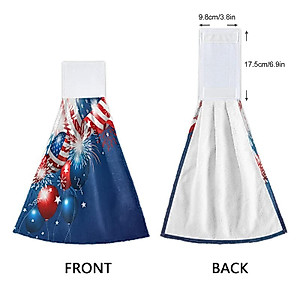 American Flag Fireworks Hanging Kitchen Towels USA 4th of July Independence Hand Towel 2PCS Dish Cloth Tie Towel Absorbent Oven Stove Washcloth with Loop for Bathroom Home Decorative