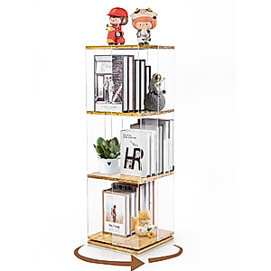 uyoyous Rotating Bookshelf 360 Degree Revolving Bookcase 3 Tier Spinning Bookshelf Display with Clear Acrylic Windows Floor Standing Bookcase Storage Rack for Playroom, Bedroom, Living Room