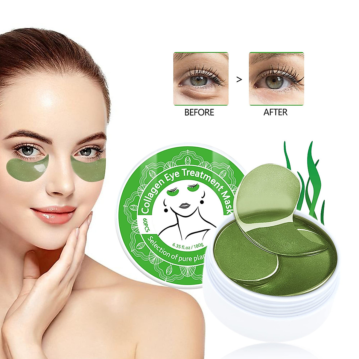 DELISOUL Collagen Under Eye Patches,Seaweed Eye Mask,Under Eye Pad For Dark Circles And Puffiness,Eye Gel Treatment Masks for Puffy Eyes,Under Eye Bags,Anti Wrinkle,Improve and Firm Eye Skin