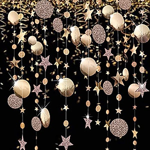 Champagne Gold Party Decoration Circle Dot Garland Twinkle Star Hanging Streamer Stars Banner Backdrop Engagement/Anniversary/Wedding/Baby Shower/Christmas/Birthday/Bday/Sweet 16/New Year