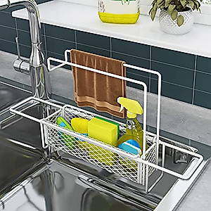 LIFOND Kitchen Sink Caddy Telescopic Sink Storage Rack Expandable Carbon Steel Sink Caddy Organizer with Towel Bar Under Sink Organiser Adjustable Sponge Holder Brush Soap Drainer Rack,White