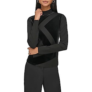 Karl Lagerfeld Paris Women's Logo Stretch Long Sleeve Top, Black