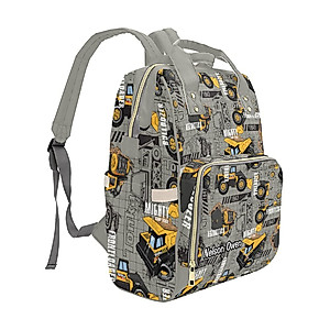 Construction Trucks Gray Personalized Diaper Backpack with Name,Custom Travel DayPack for Nappy Mommy Nursing Baby Bag One Size