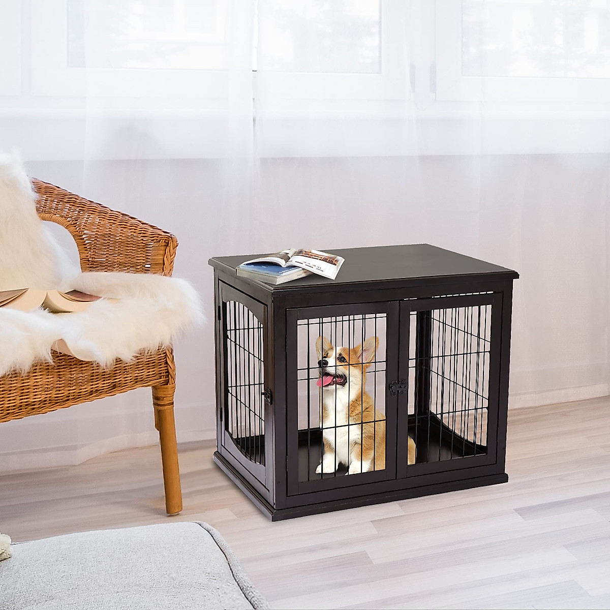 PawHut Dog Crate Furniture, Small Dog Cage End Table with Two Opening Sides, Lockable Door, Puppy Kennel Indoor, Cute and Decorative, Coffee