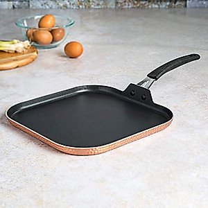 Ecolution Impressions Hammered Nonstick Square Griddle, Dishwasher Safe Cookware with Riveted Stainless Steel Handles, 11-Inch, Copper