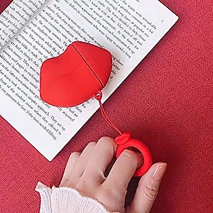 Rertnocnf Compatible with Earbuds Case Airpods 1 & 2, Creative 3D Lips Design Personality Red Lip Portable Accessories Soft Silicone Protective Wireless Earphone Charging Case with Ring Decoration