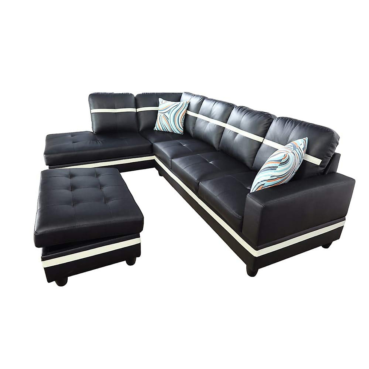 GEBADOL Lifestyle Furniture 3 Piece Sectional Sofa Couch Set, L-Shaped Modern Sofa with Chaise Storage Ottoman and Pillows, Faux Leather, Left Facing