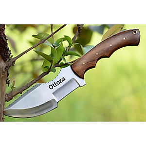 Ottoza Tracker Knife, D2 Steel Fixed Blade Hunting Knife with Wood Handle & Sheath, Full Tang Survival Knife for Men - No:116