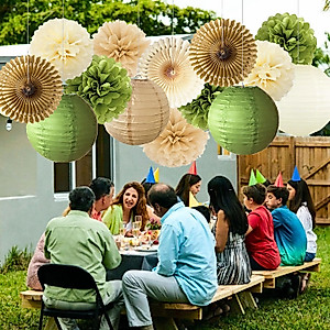Olive Green Tan Brown Cream Party Decoration Paper Lanterns Fans Tissue Paper Pom Poms Rustic Olive Green Decorations for Birthday Baby Shower Neutral Party Bridal Shower Wedding Party Decorations
