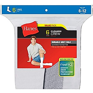 Hanes mens 6-pack Cushion crew socks, White, 6 12 US