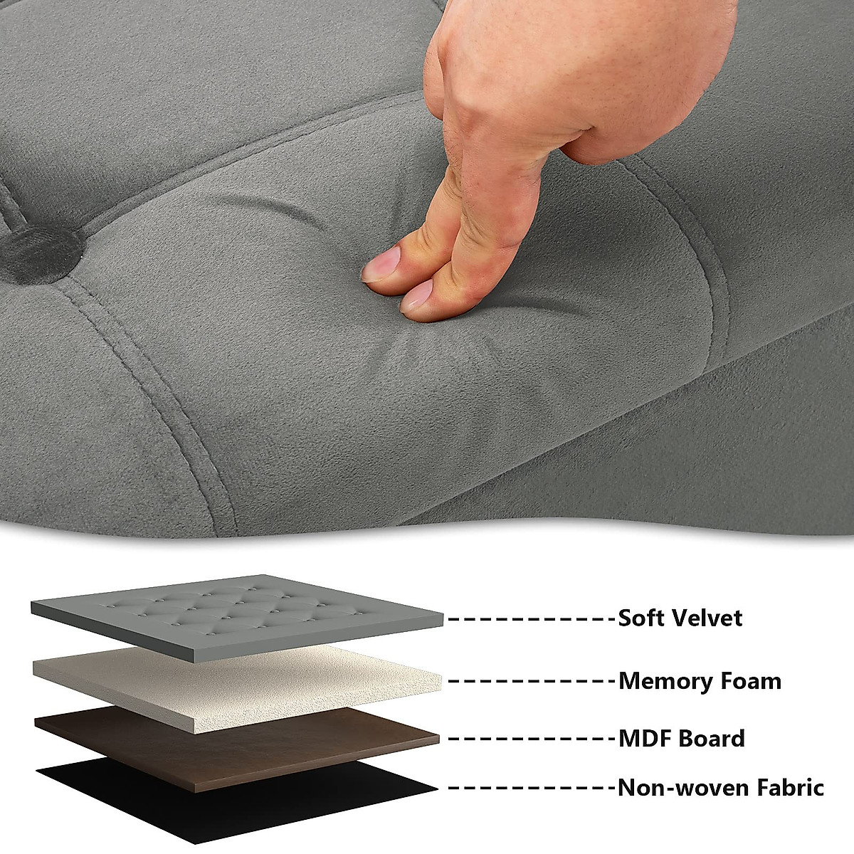 YOUDENOVA 30 Inches Folding Storage Ottoman Bench, Velvet Storage Chest, Footrest Couch with Wooden Legs, Support 350lbs for Bedroom, Living Room, Hallway, Grey