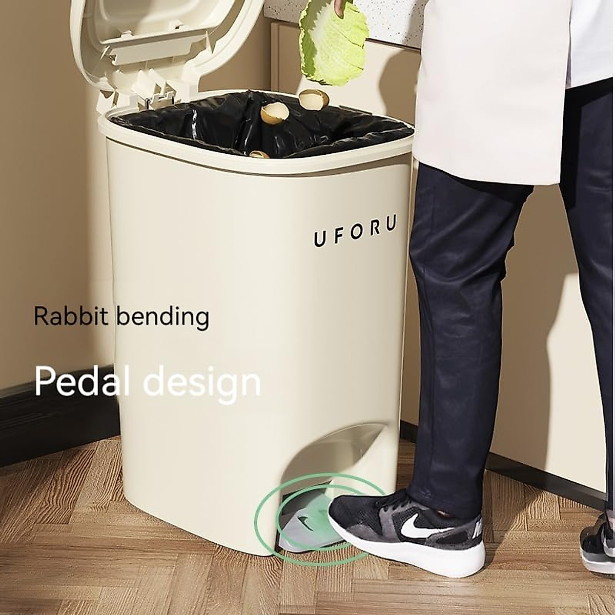 Kitchen Trash Can 6 Gallon Odor Resistant Medium Plastic Trash Can Hands-Free with Pedal and Trash Bag Ring, 6 Gallon Milky White