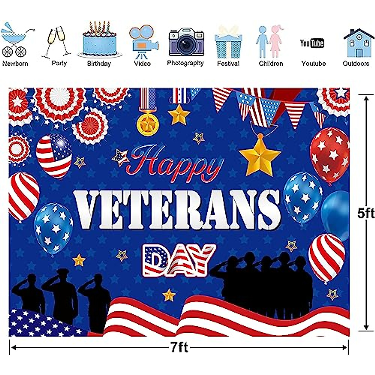 Happy Veterans Day Backdrop Thank You Veterans Background American Medal Striped Flag Patriotic Soldier Outdoor Indoor Home Party Banner Decorations Supplies 7x5FT