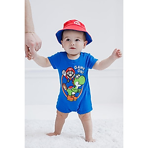 Super Mario Nintendo Mario Yoshi Infant Baby Boys Romper and Bucket Sun Hat Blue/Red 12 Months