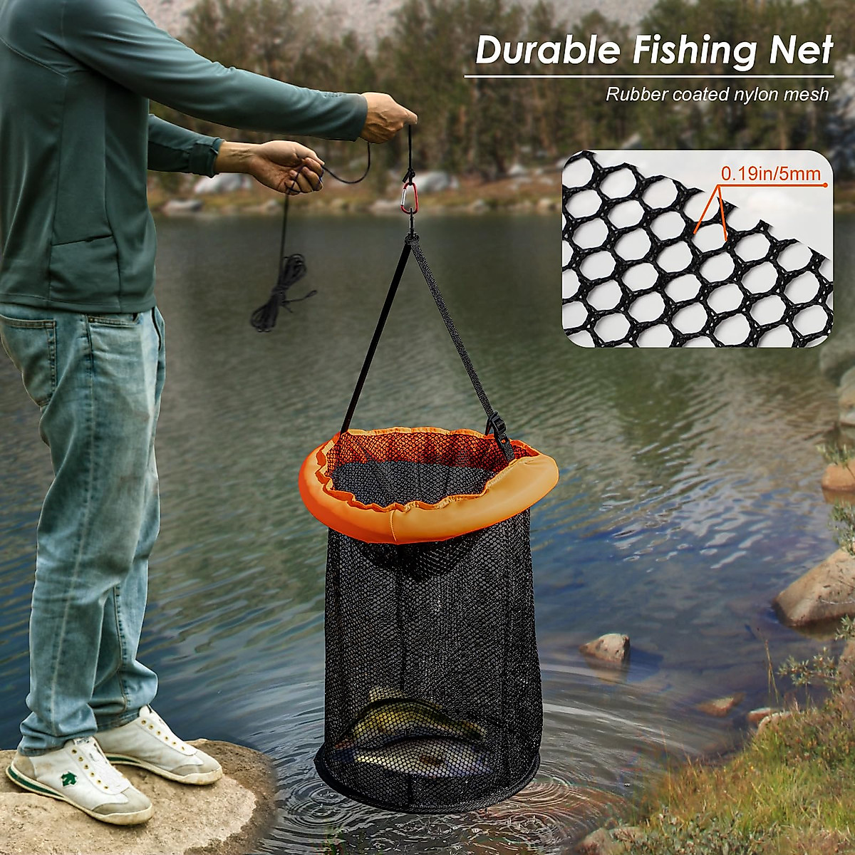 QualyQualy Foldable Fish Basket - Portable Collapsible Fishing Net Storage Cage for Live Fish
